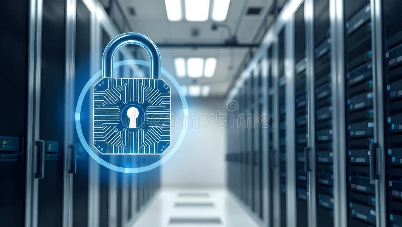 Glowing Padlock with Circuit Board Design in a Server Room for Data ...