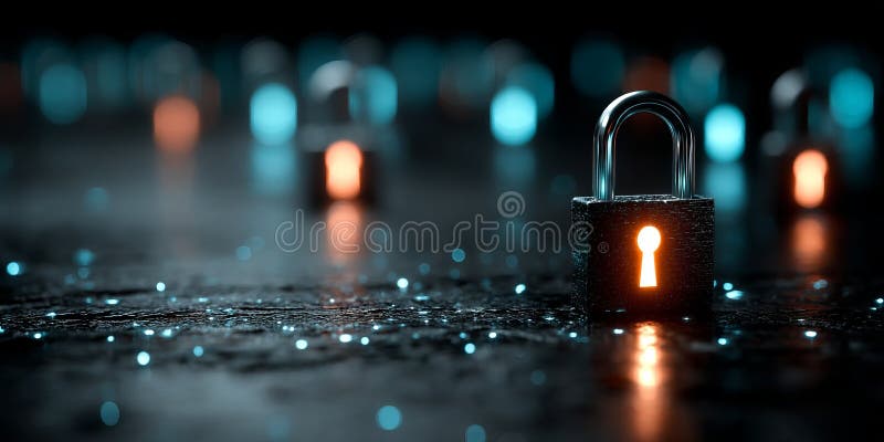 Glowing Padlock in Focus among Multiple Illuminated Locks on Wet ...
