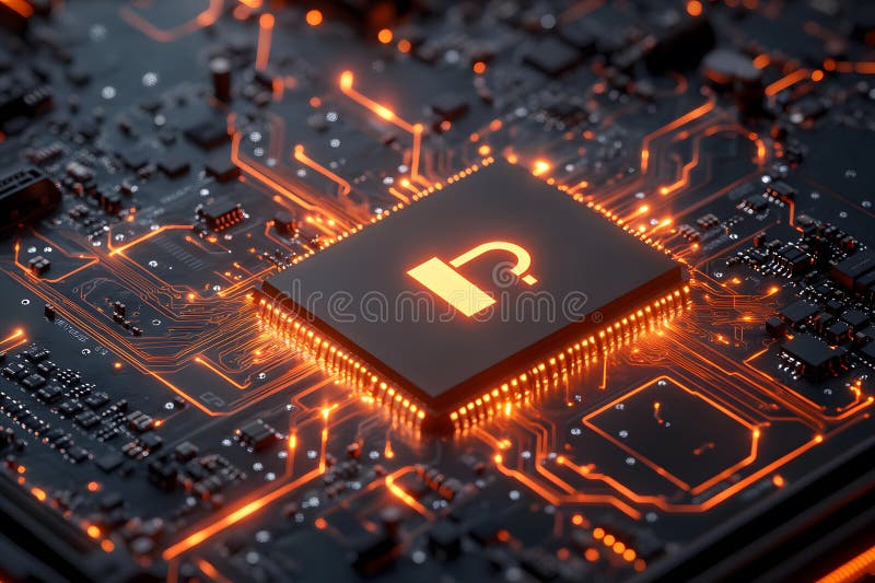 Glowing Padlock Icon on Microchip, Cybersecurity Concept, Data ...