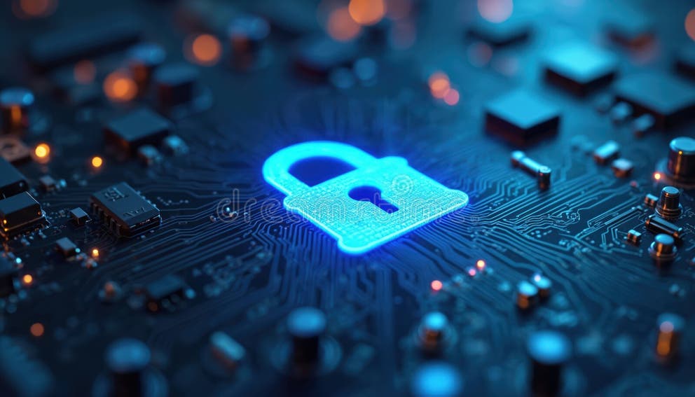 Glowing Padlock Icon Over Circuit Board with Microchips. Data ...