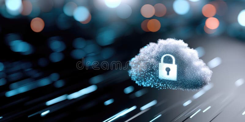 Generative AI Glowing Padlock Inside Cloud Shape Symbolizing Cyber Security and Data Protection ...