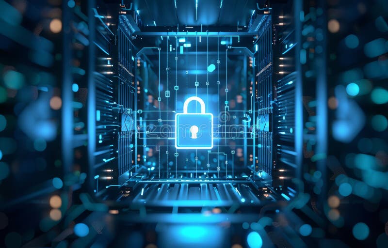 Glowing Padlock is Seen Inside Data Center. Cyber Security Concept ...