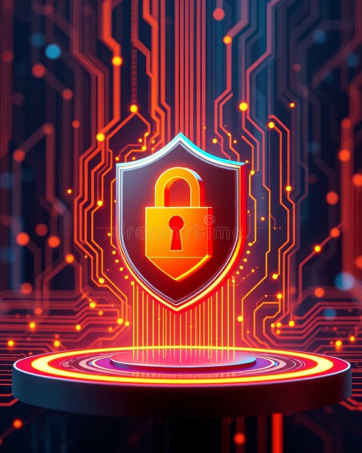 Glowing Padlock on a Shield in a Cyber Environment. Security Measures ...
