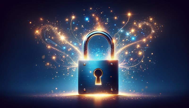 Glowing Padlock with Sparkles on Dark Background, Cybersecurity Concept ...
