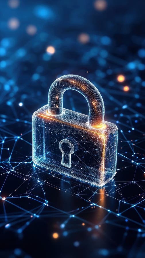 Glowing Padlock Symbol on Blue Network Background. Data Security ...