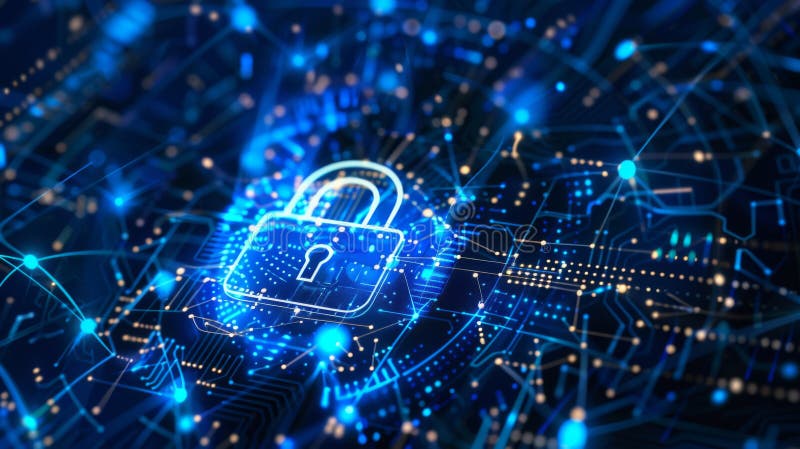 Digital Security Lock Emblem on Blue Circuit Board Background Stock ...