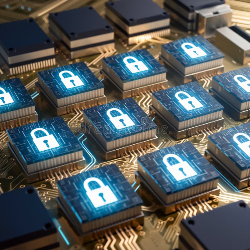 Glowing Padlock Symbols on Electronic Components, High Tech Security Theme Stock Illustration ...