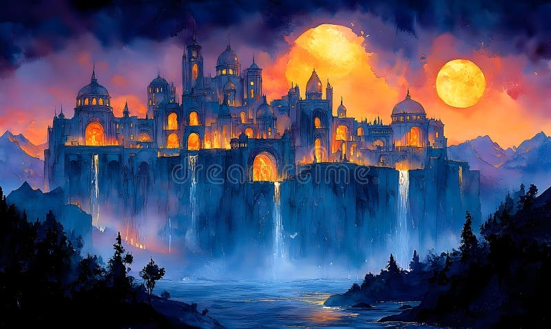 A Glowing Palace Sits Atop a Cliff, Waterfalls Cascade into the River ...