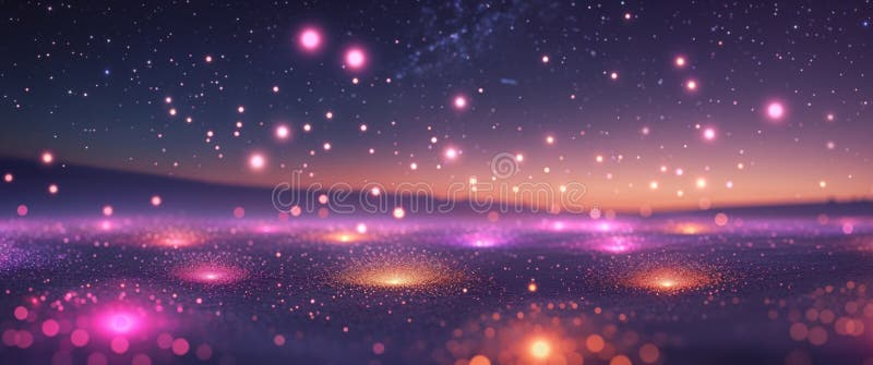 Glowing Particle Landscape at Sunrise Under Starry Night Sky Stock ...