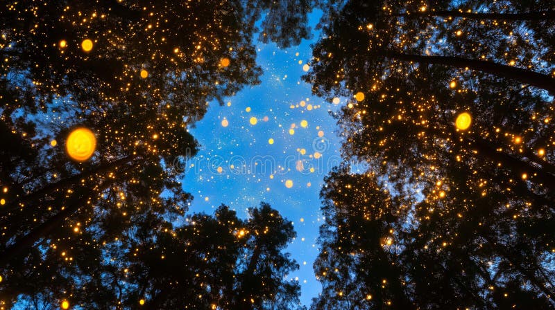 Glowing Particles Falling from Night Sky in Forest Fire Stock ...