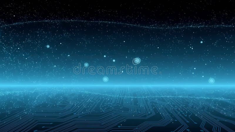 Glowing Particles Moving Over a Digital Circuit Board with Connected ...