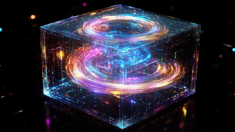 Glowing Particles Rotating Inside Transparent Cube Creating Energy ...