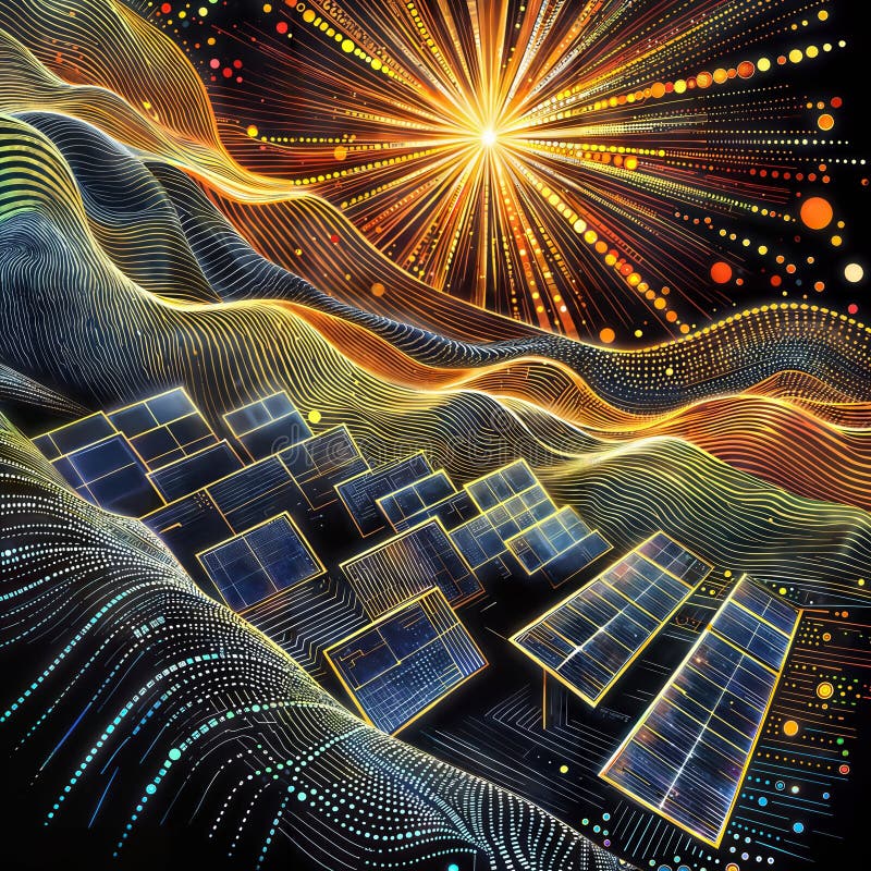Abstract Technology Background with Solar Panels and Glowing Particles ...