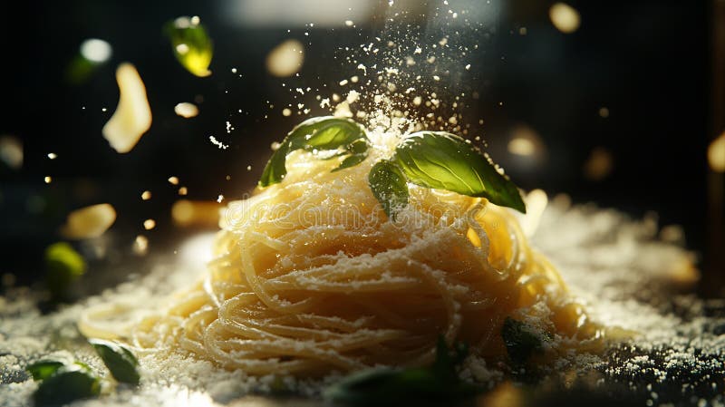 A Glowing Pasta Dish Styled with Fresh Basil and a Sprinkle of Parmesan ...
