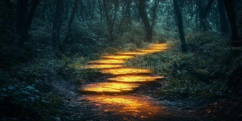 A Glowing Path through a Dark Forest, Leading To a Magical Destination ...