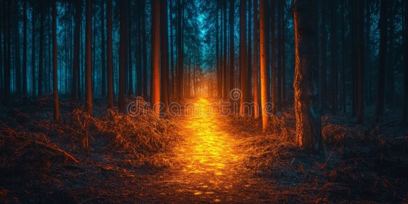 A Glowing Path through a Dark Forest, Leading To a Magical Destination Where Stock Image - Image ...