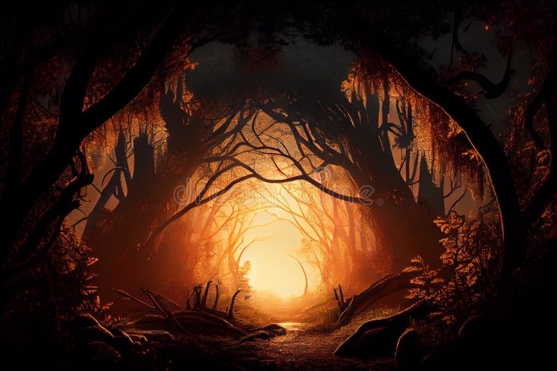 Glowing Path in a Fabulous Night Forest. AI Generated Stock Image ...