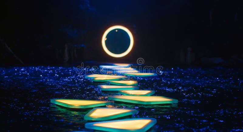 Glowing Path on Water Leading To Illuminated Circle at Night Stock ...