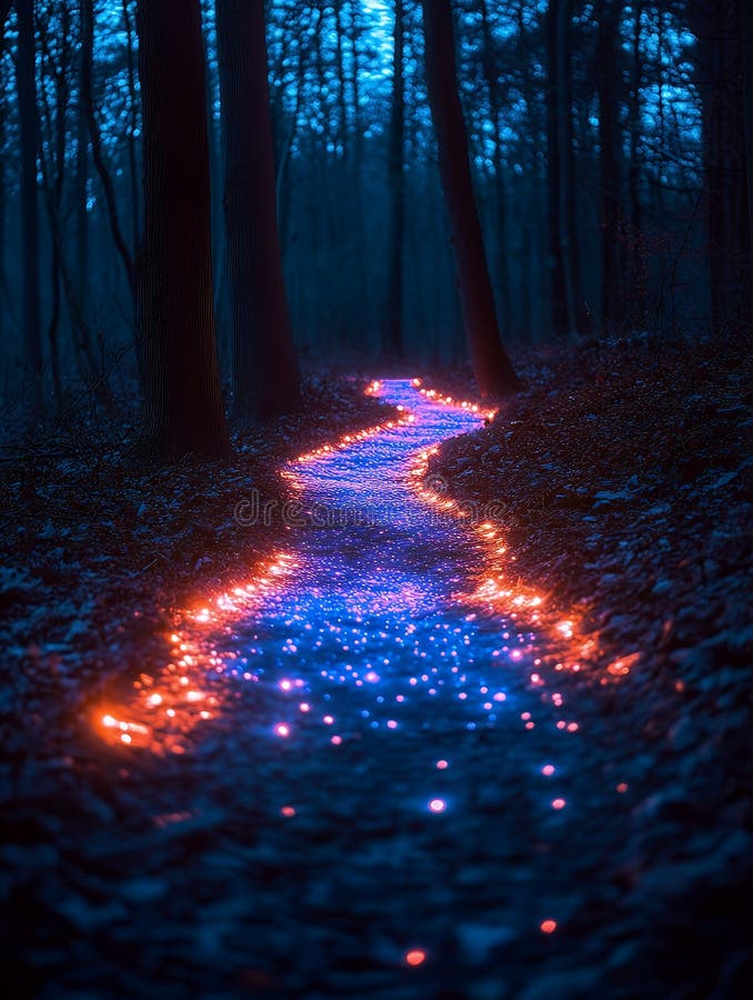 A Glowing Path Winds through a Dark Forest Illuminated by Blue and ...
