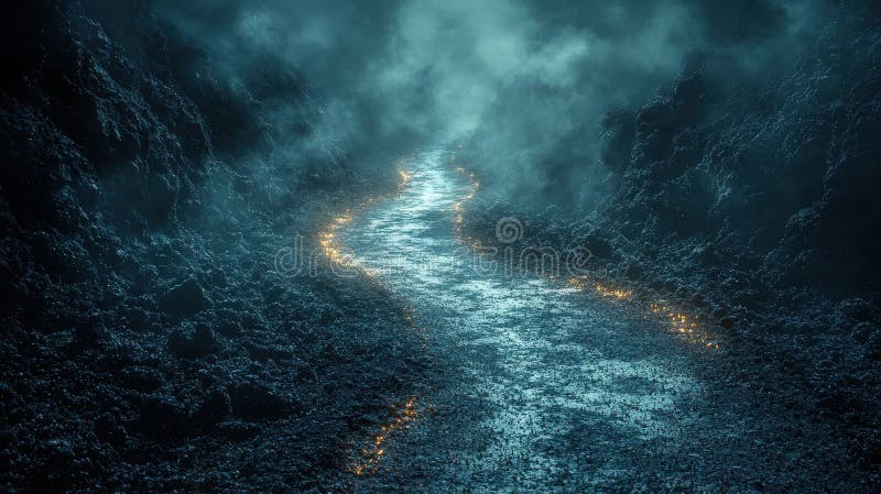 Glowing Pathway through Misty Terrain Stock Photo - Image of dreamlike ...