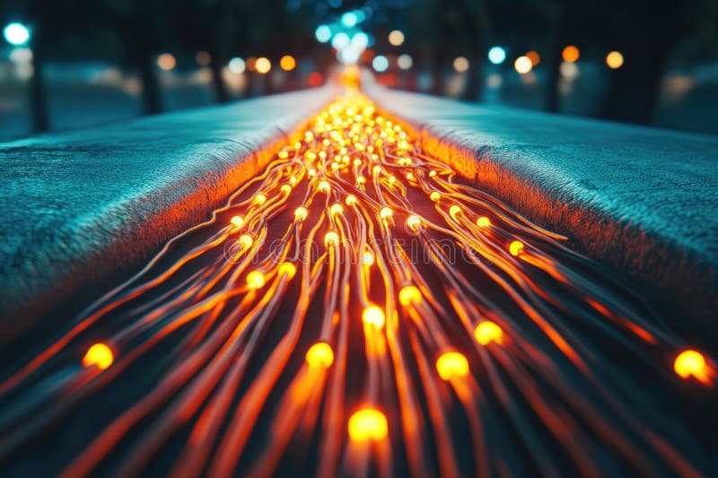 Glowing Pathway of Orange Lights on Urban Street at Night Stock ...