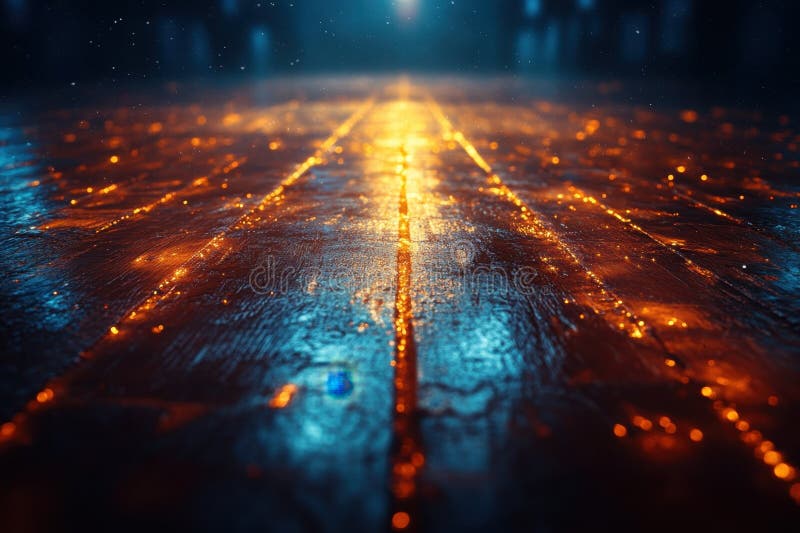 A Glowing Pathway of Orange Lights on a Wet Surface in a Dimly Lit ...