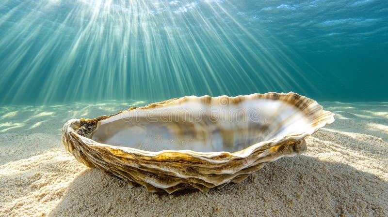 A Glowing Pearl Shell on the Ocean Floor, Lit by Sunbeams Underwater ...