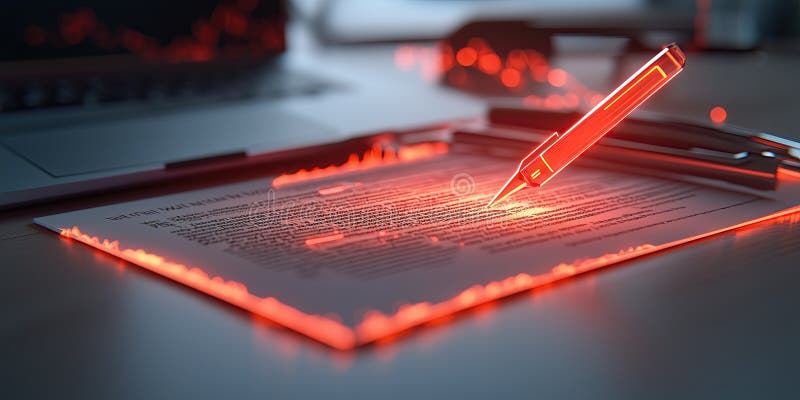 Glowing Pen Highlights Document on Desk, Symbolizing Digital Contracts ...