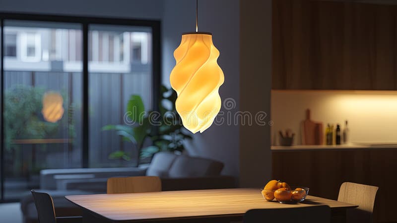A Glowing Pendant Lamp with a Unique Glass Design Hanging Over a Stock ...
