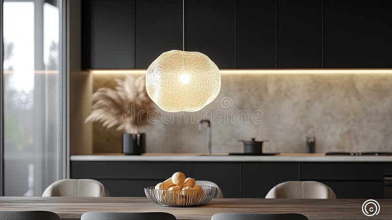 A Glowing Pendant Lamp with a Unique Glass Design Hanging Over a Stock ...