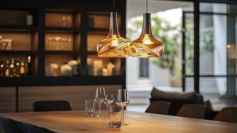 A Glowing Pendant Lamp with a Unique Glass Design Hanging Over a Stock ...