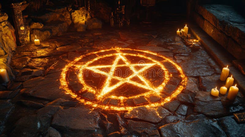A Glowing Pentagram on a Stone Floor Surrounded by Candles Stock ...