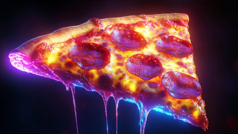 Glowing Pepperoni Pizza Slice with Neon Drips Stock Illustration ...