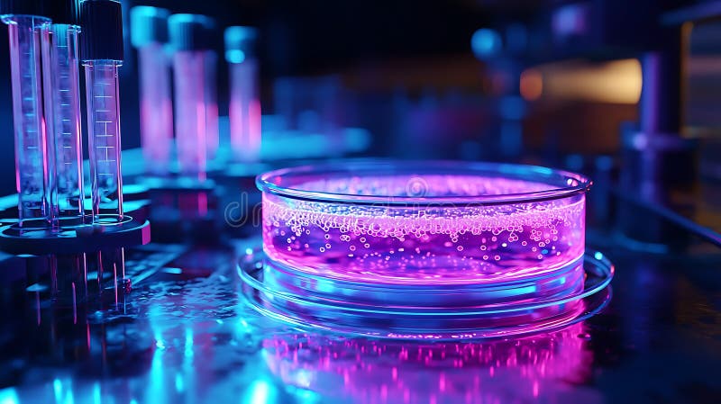 Glowing Petri Dish with Microplastics Under UV Light in Lab Stock ...