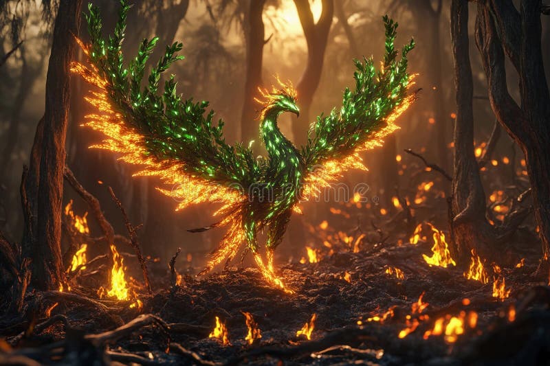 Glowing Phoenix Made of Vibrant Plants Rises Majestically from the ...