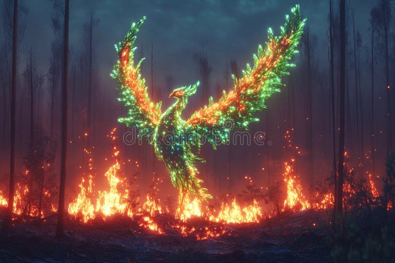 Glowing Phoenix Made of Vibrant Plants Rises Majestically from the ...