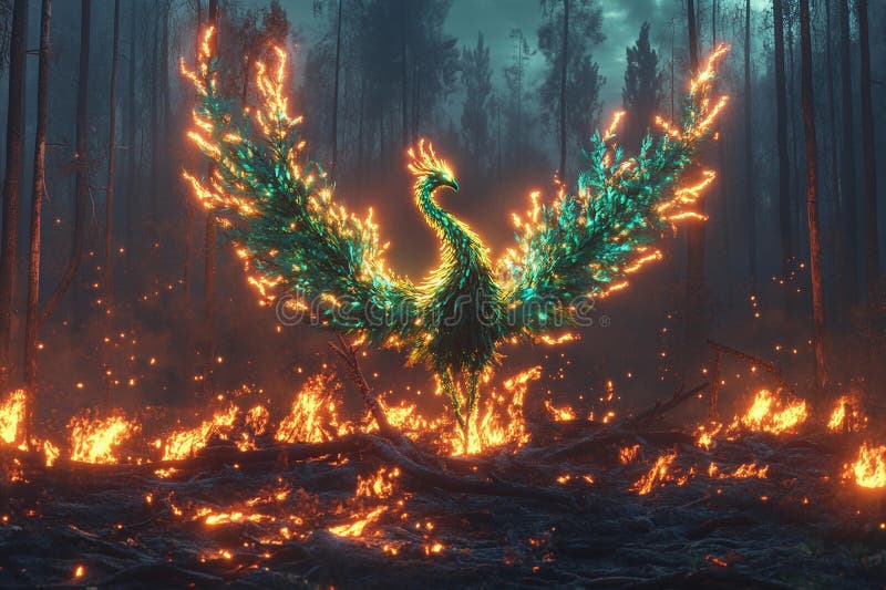 Glowing Phoenix Made of Vibrant Plants Rises Majestically from the ...