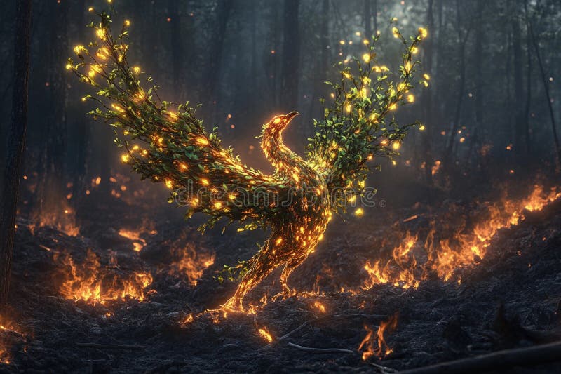 Glowing Phoenix Made of Vibrant Plants Rises Majestically from the ...