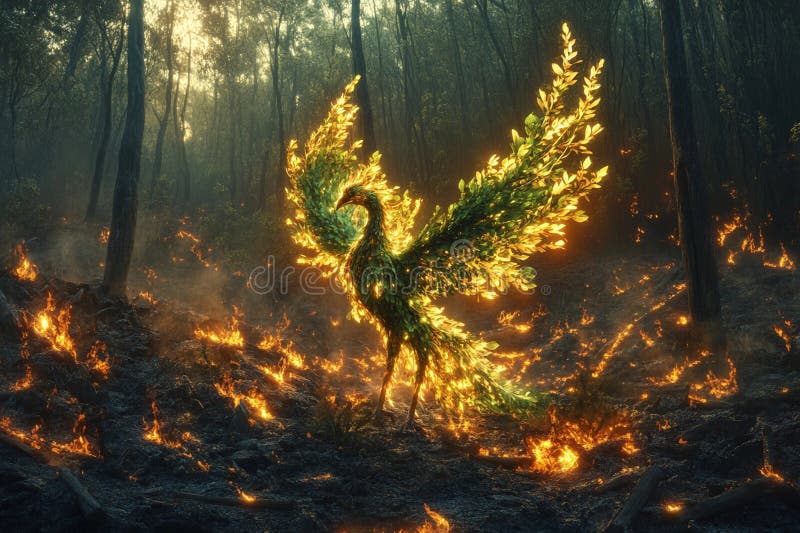 Glowing Phoenix Made of Vibrant Plants Rises Majestically from the ...