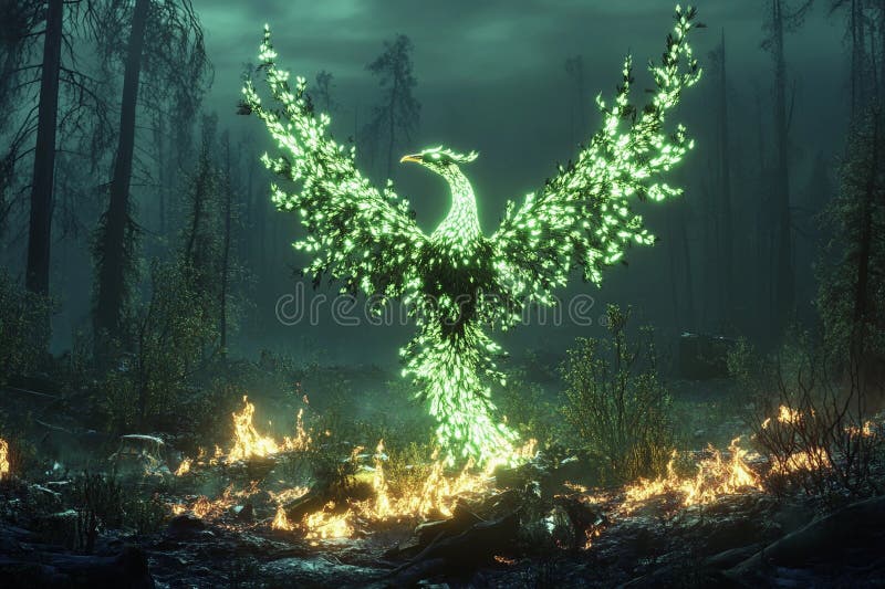 Glowing Phoenix Made of Vibrant Plants Rises Majestically from the ...