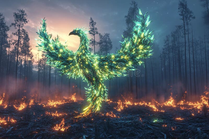 Glowing Phoenix Made of Vibrant Plants Rises Majestically from the ...