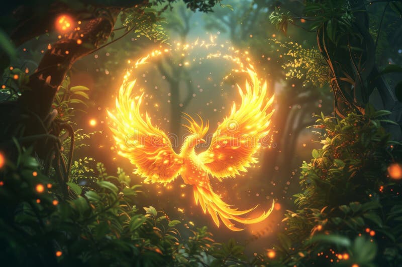 Glowing Phoenix Surrounded by a Flourishing Magical Forest Stock ...