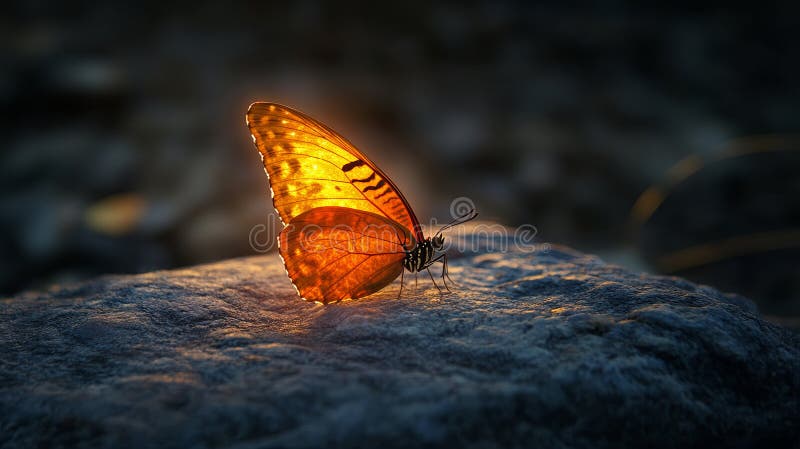 A Glowing Photo of a Single Butterfly Wing Styled on a Smooth Stone ...