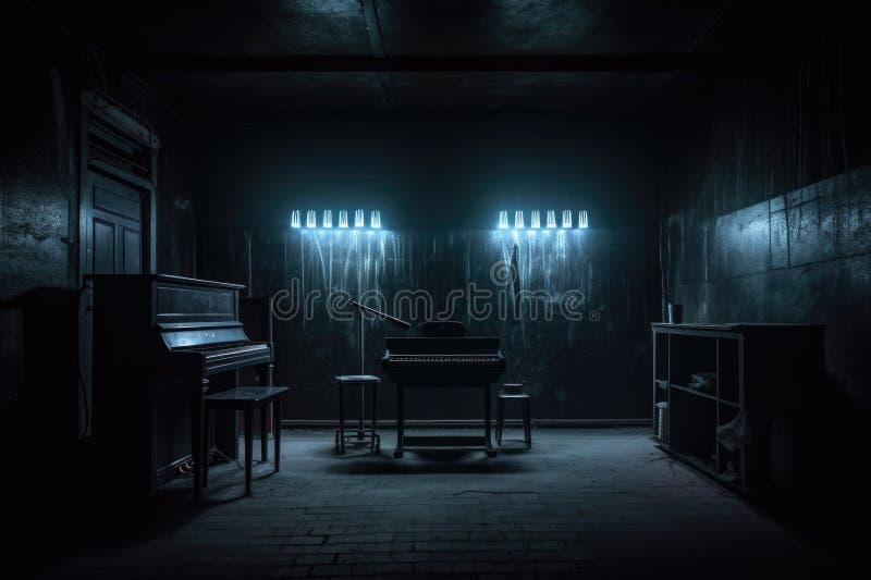 Glowing Piano Keys in a Dark Room with a Single Light Source Stock ...
