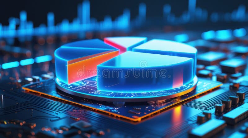 Glowing Pie Chart on Circuit Board with Blue and Orange Hues Stock ...
