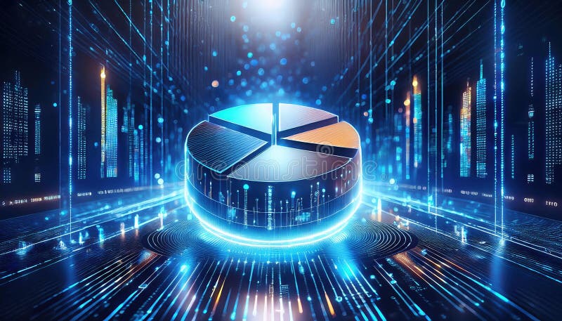 Glowing Pie Chart Surrounded by Binary Streams and Holographic Data ...