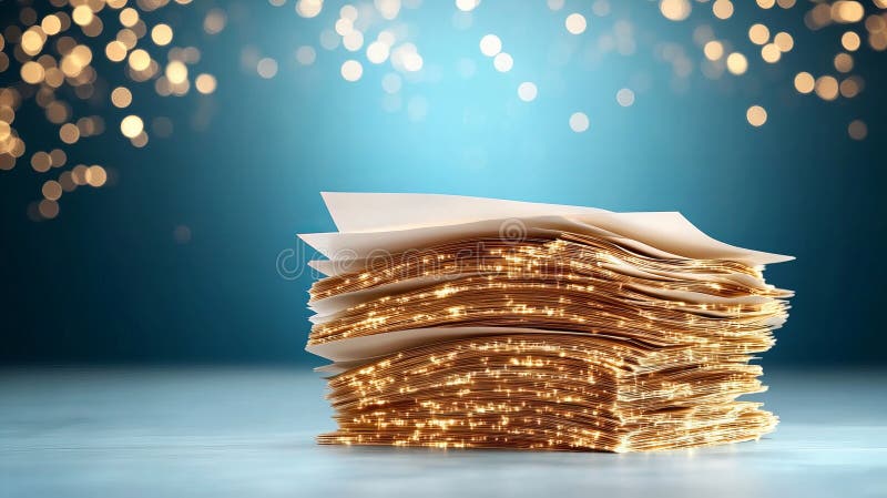 Glowing Pile of Documents with Magical Lights on Blue Background Stock ...