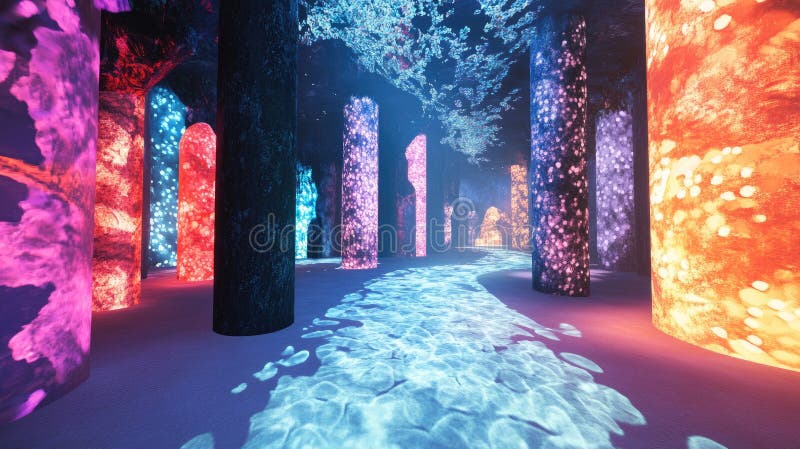 Glowing Pillars Lighting a Pathway in a Surreal Abstract Environment ...