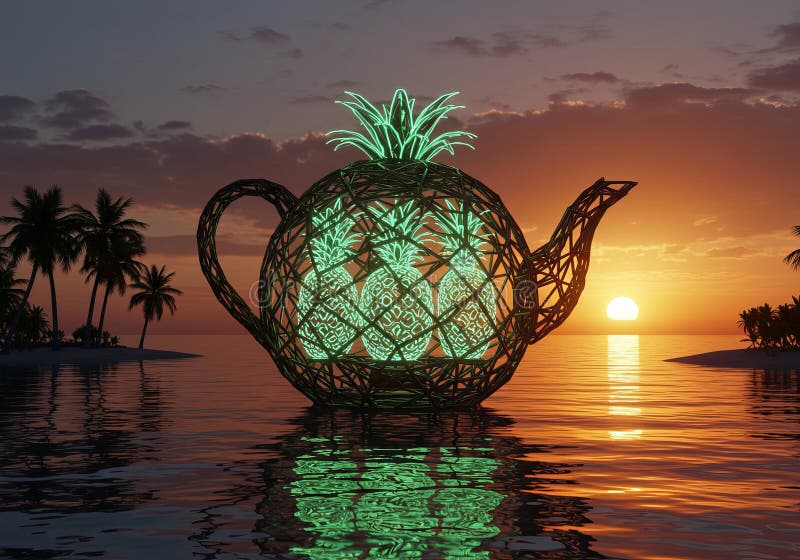 Glowing Pineapple Teapot Sculpture on Tropical Sunset Beach Stock Image ...