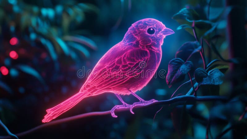 Glowing Pink and Blue Bird on Branch at Night Stock Illustration ...